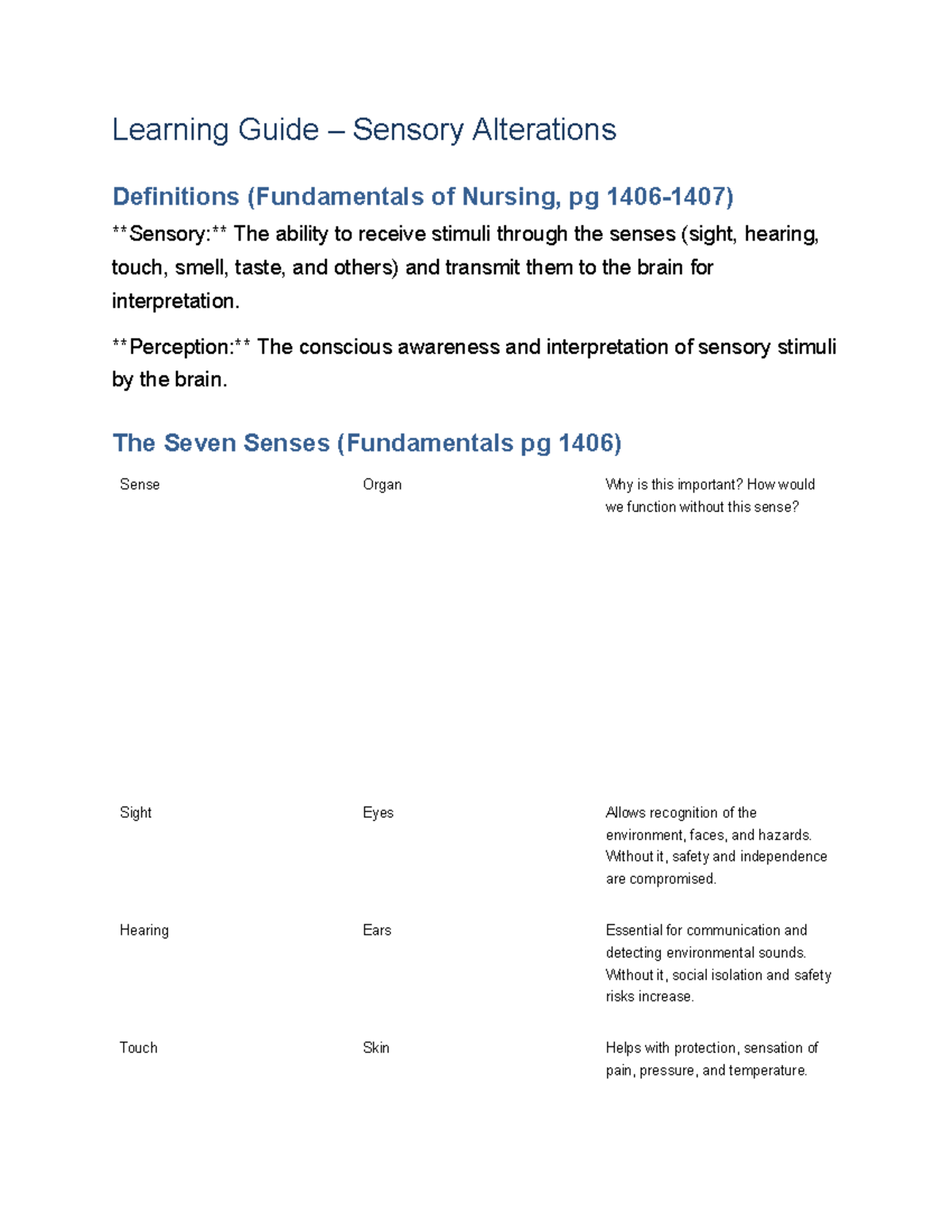 Learning Guide: Sensory Alterations and Impairments (NURS 101) - Studocu