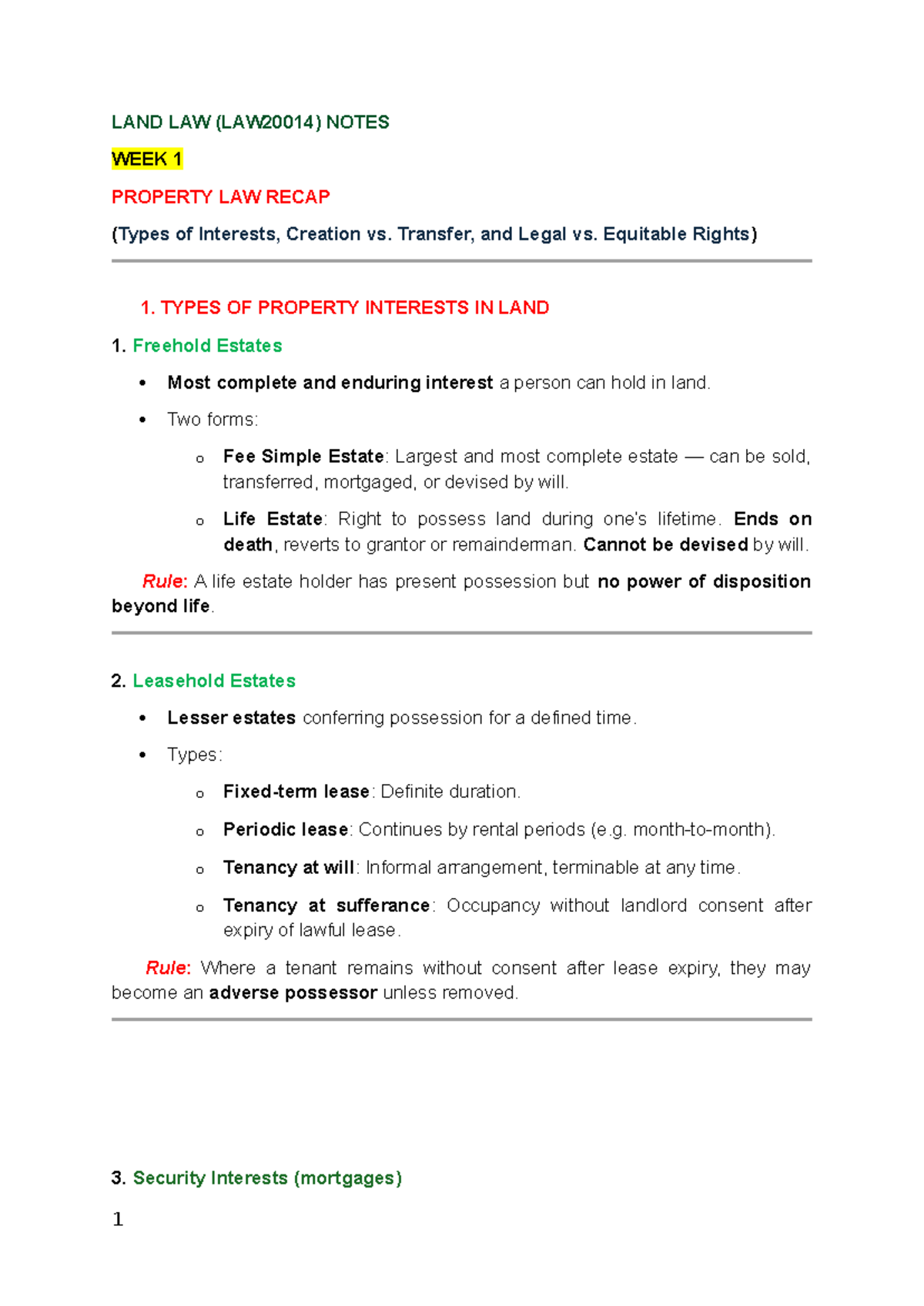 LAND LAW (LAW20014) WEEK 1 NOTES: Property Interests & Rights Overview ...