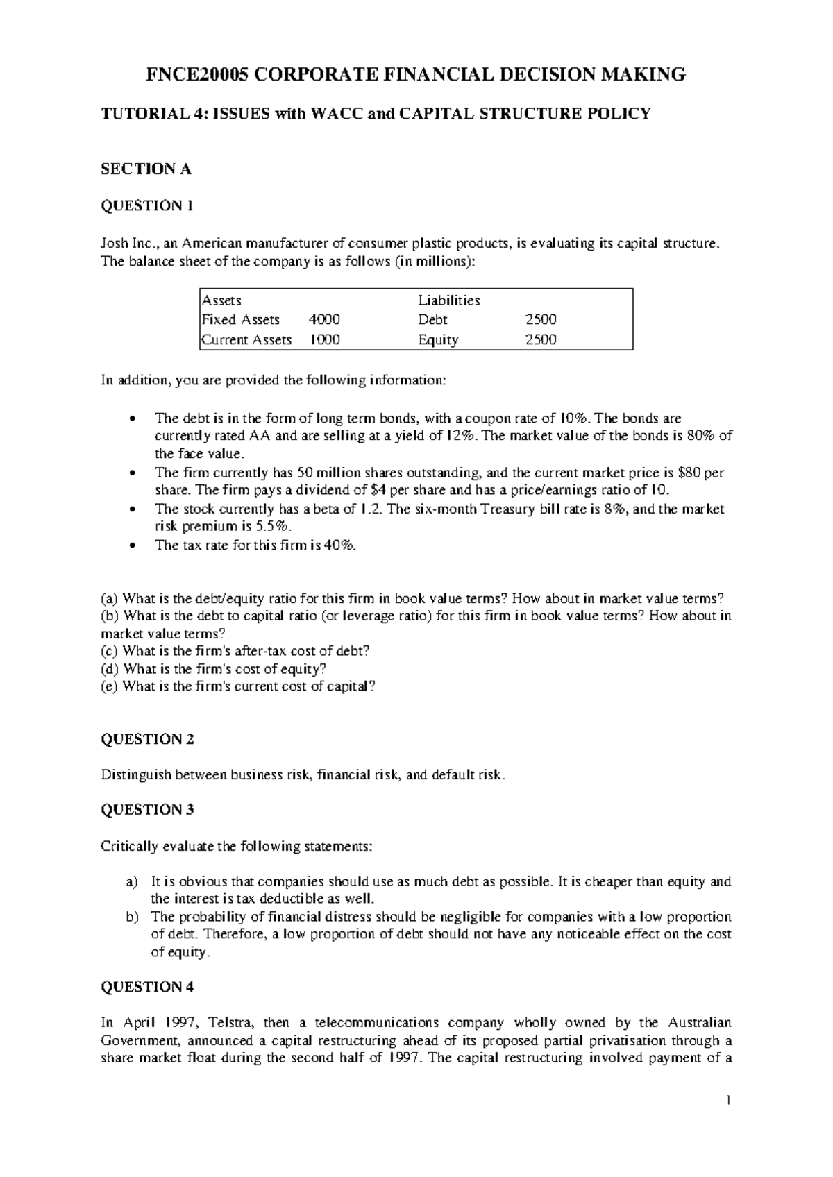 FNCE20005 Tute 4 - Capital Structure & WACC Issues Analysis - Studocu