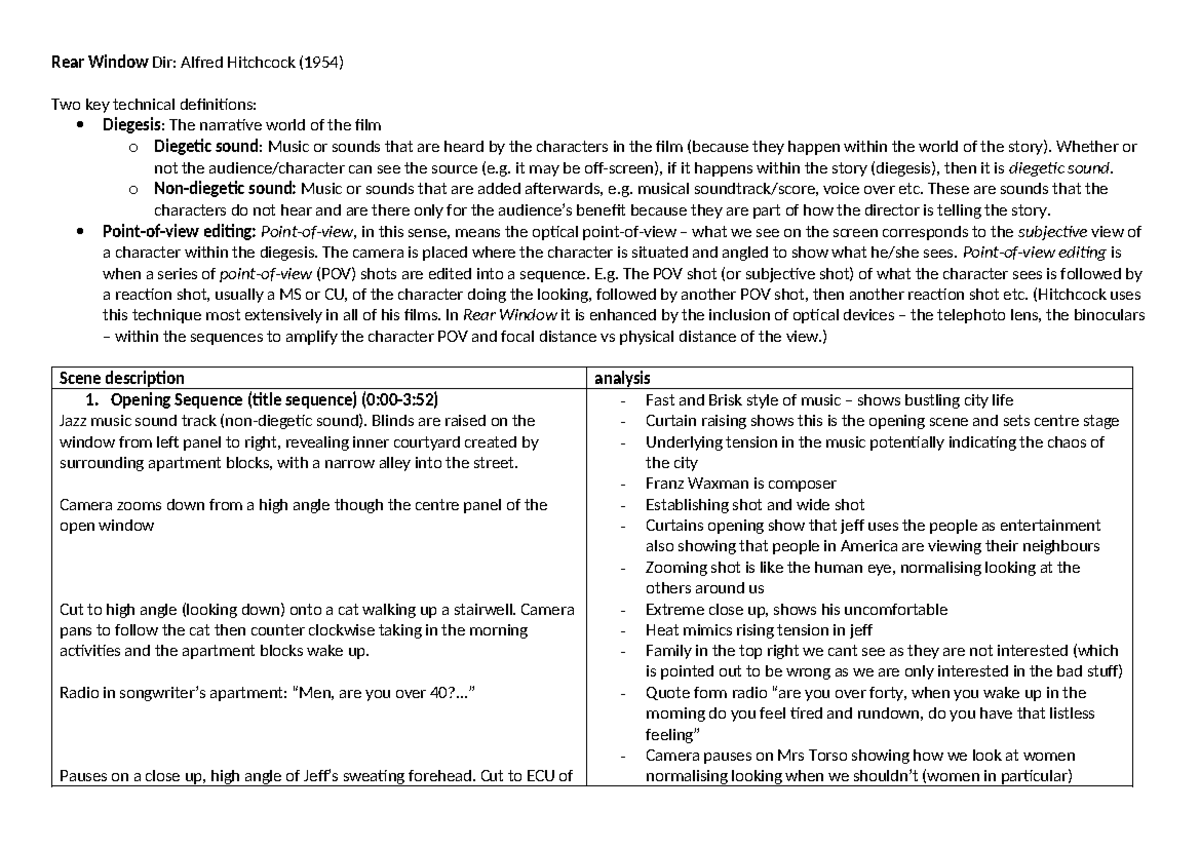 ENG 101: Rear Window Analysis and Technical Definitions - Studocu