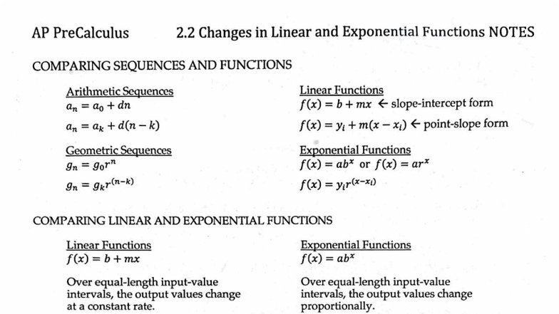 AP PreCalculus 2.2 Notes on Linear & Exponential Functions - Studocu