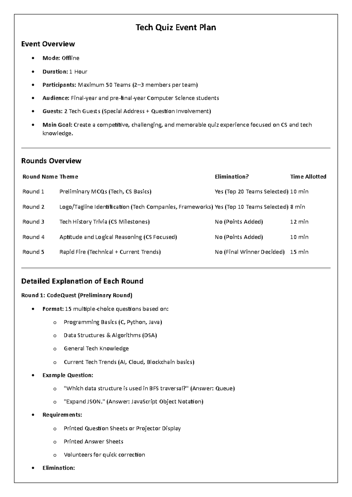 Tech Quiz Event Plan - CS 101 Final Quiz Overview and Details - Studocu