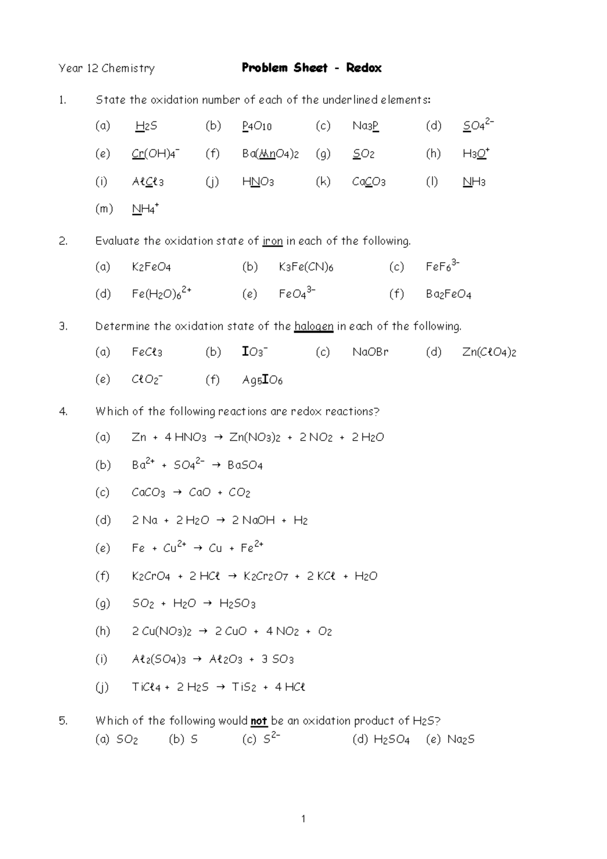 Worksheet - Redox Fundamentals Year 12 Chemistry - Studocu