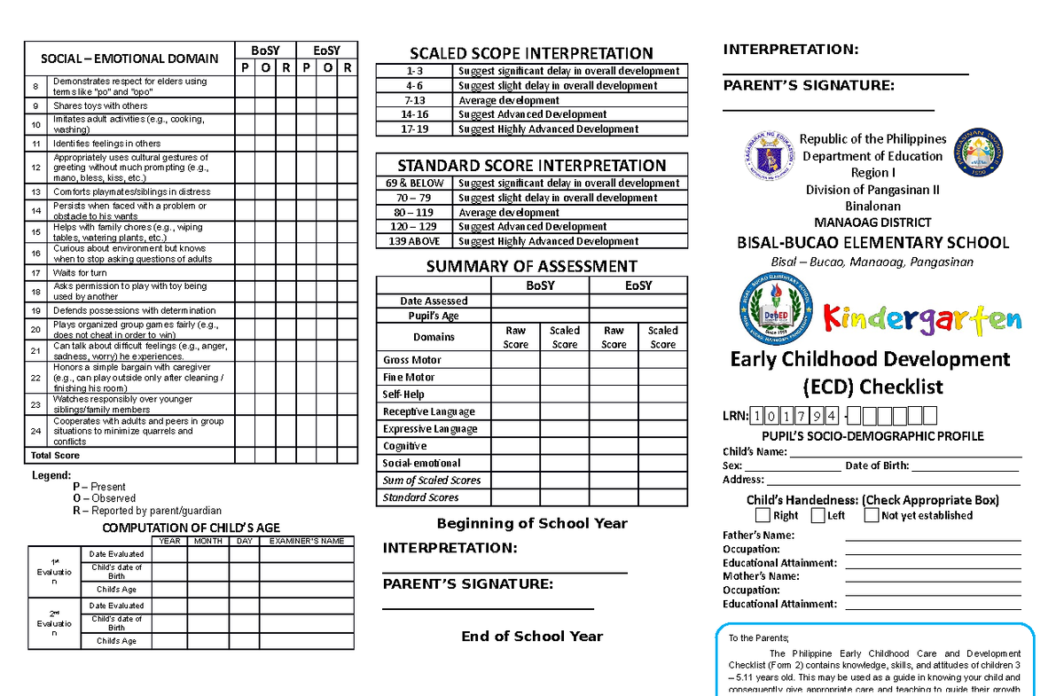 ECCD Checklist - Social-Emotional & Development Assessment - Studocu
