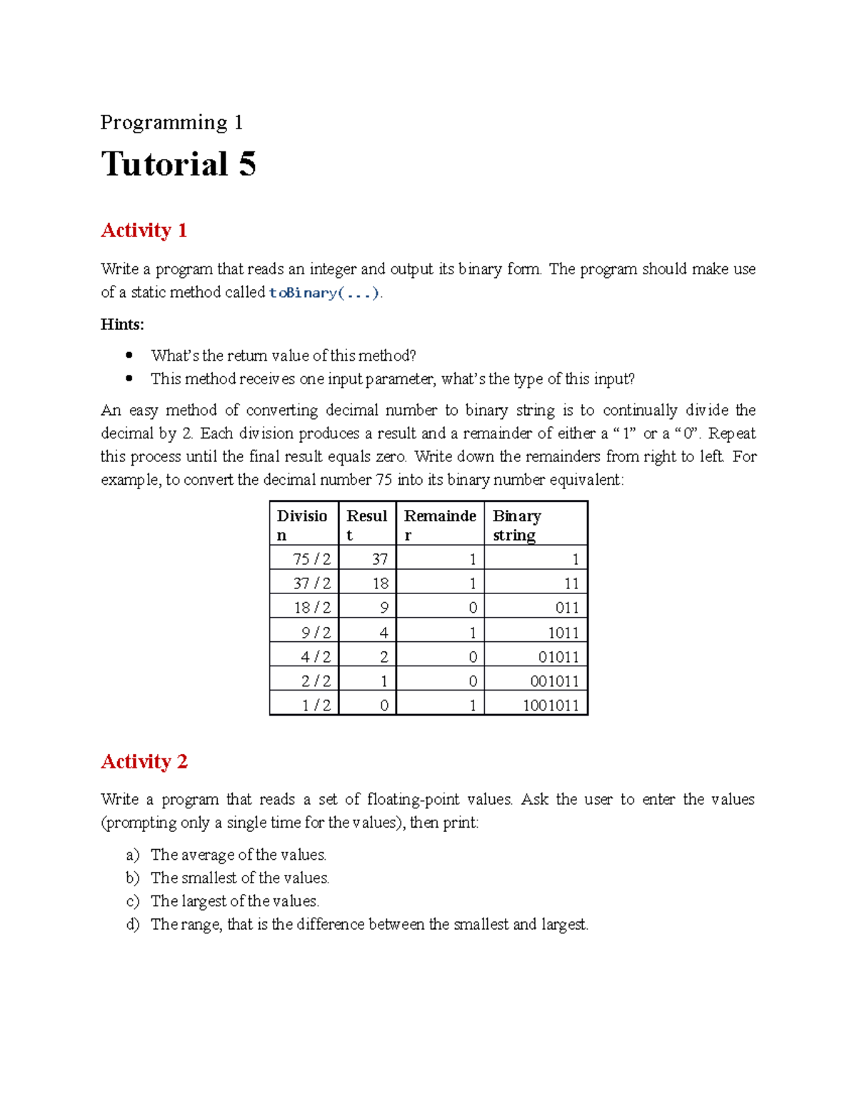 Programming 1 - T5: Lecture Notes on Binary & Value Calculations - Studocu
