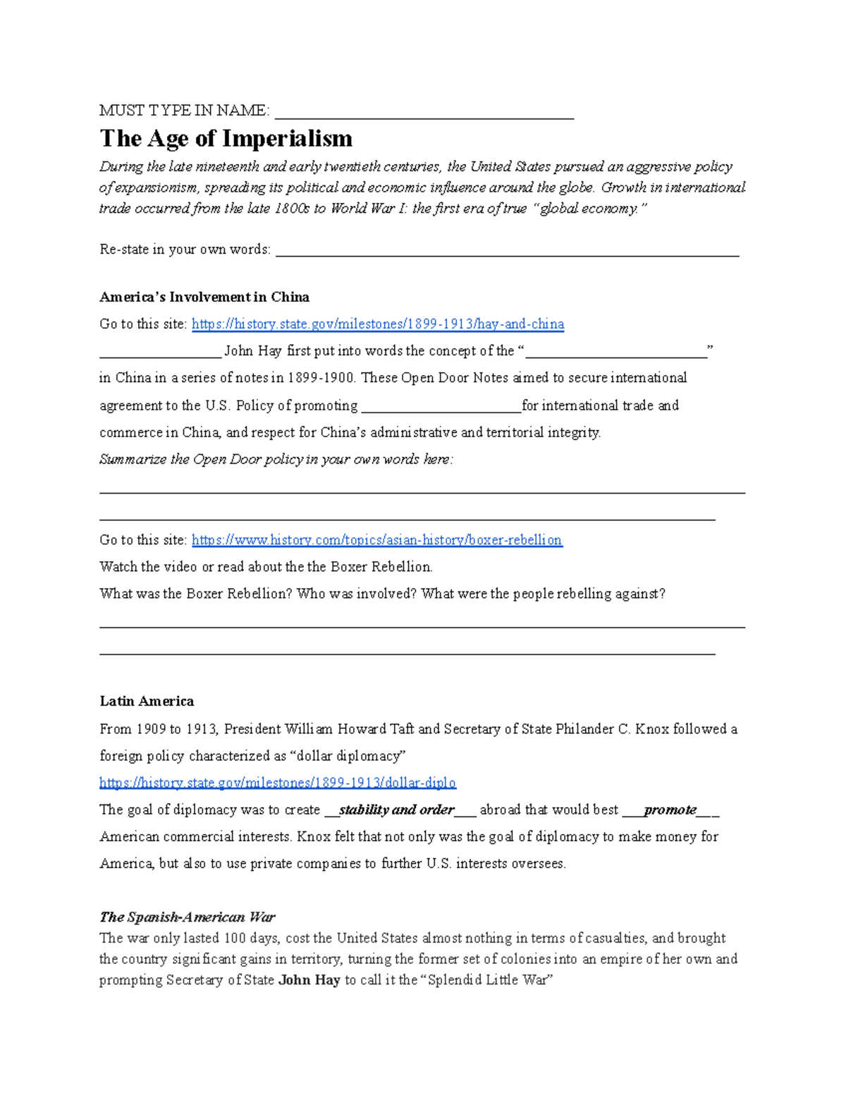 US Imperialism: A Comprehensive Webquest on Historical Policies - MUST ...