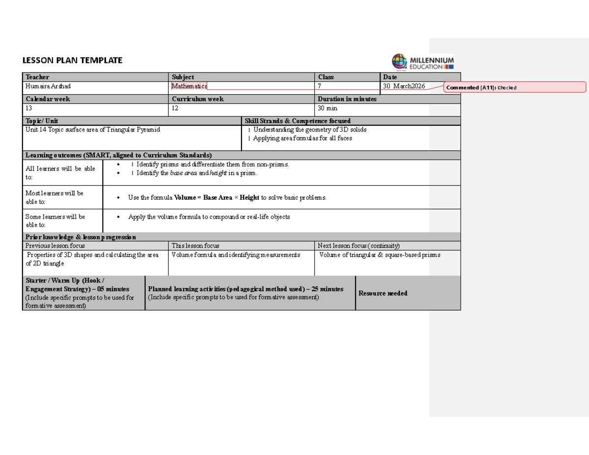 LESSON PLAN TEMPLATE: Mathematics Class 7 - Volume of Prisms (Week 12 ...