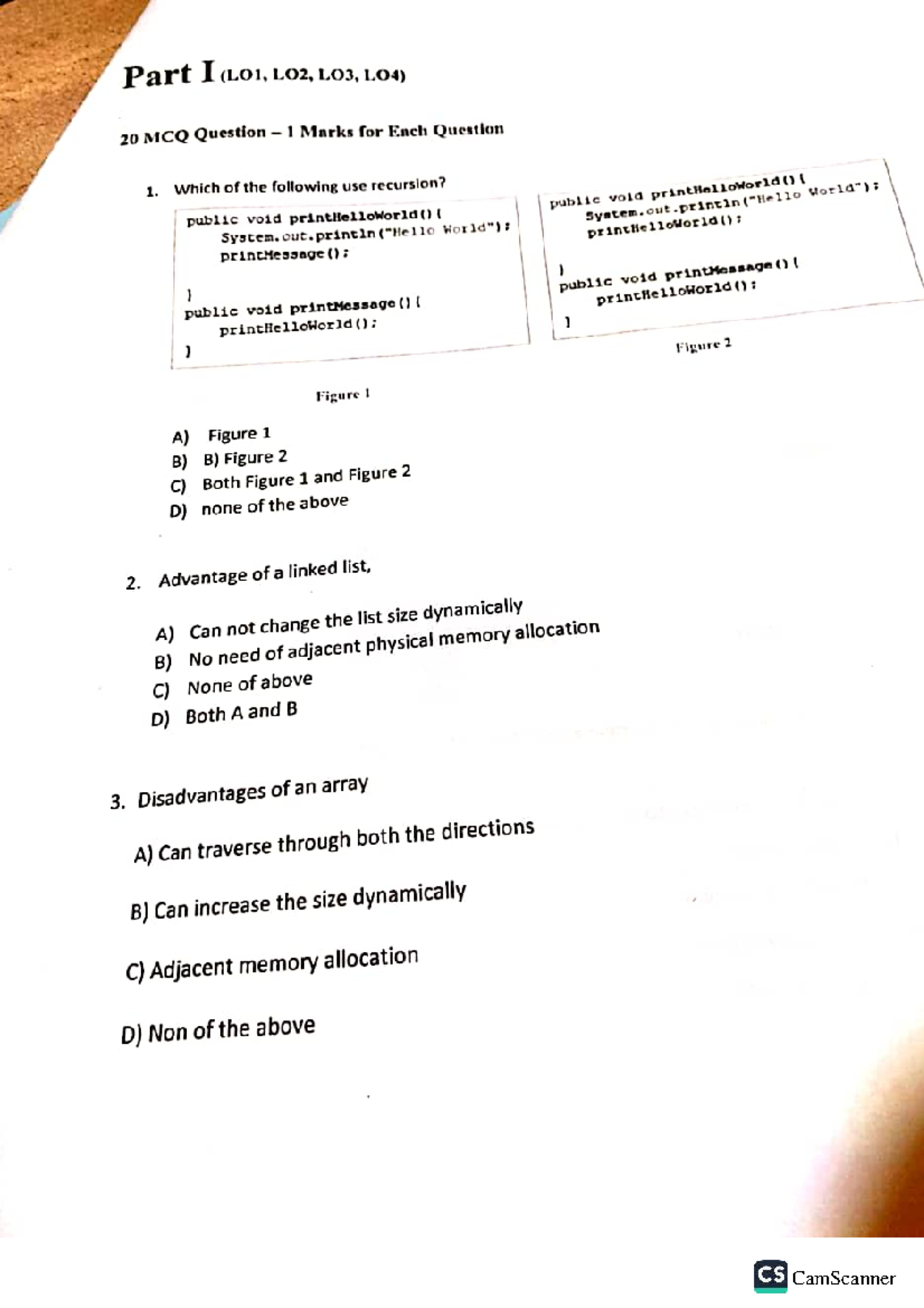 CS Exam Paper: Part I & II MCQs and Structured Questions (LO1, LO2, LO4) - Studocu