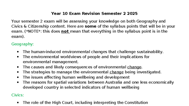 Year 10 Geography & Civics Exam Revision Semester 2 2025 - Studocu