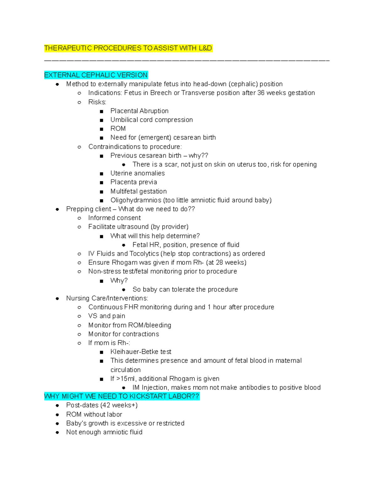 OB notes week 5 - therapeutic procedures - THERAPEUTIC PROCEDURES TO ...