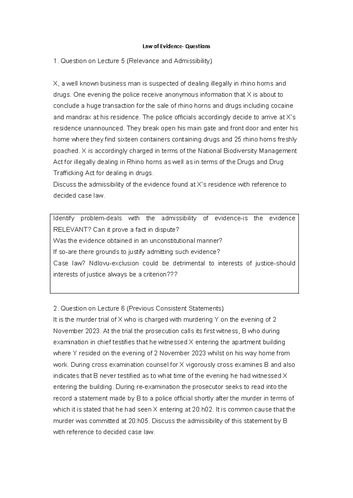 Law of Evidence Questions - Key Issues and Admissibility Analysis - Studocu