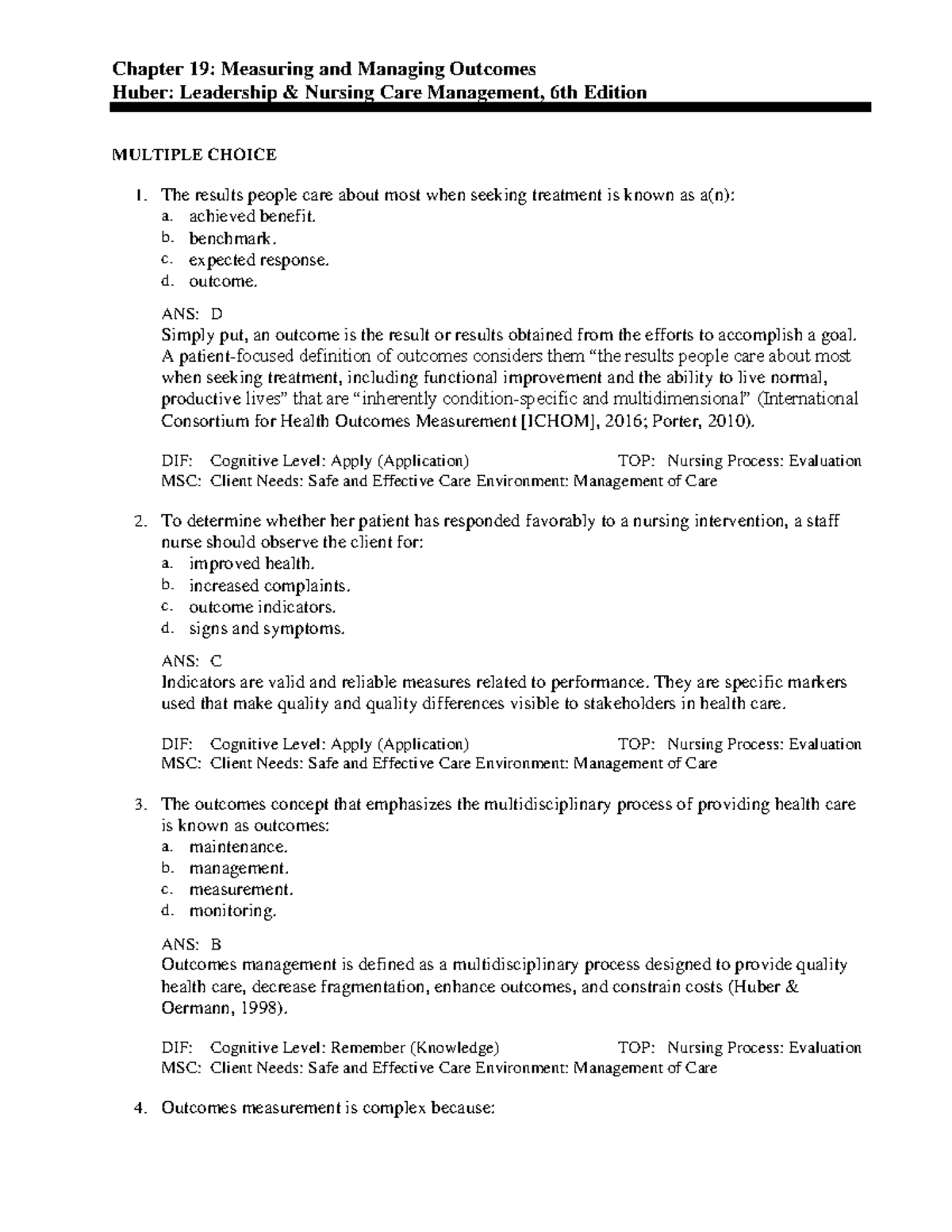 Chapter 19: Measuring and Managing Outcomes in Nursing Care - Studocu
