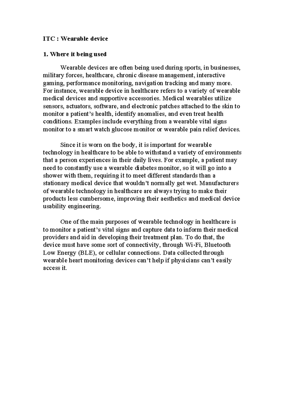 ITC: Wearable Devices in Healthcare and Military Applications - Studocu