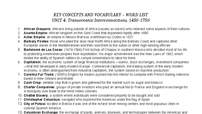 KEY CONCEPTS & VOCABULARY WORD LIST UNIT 4: Transoceanic ...