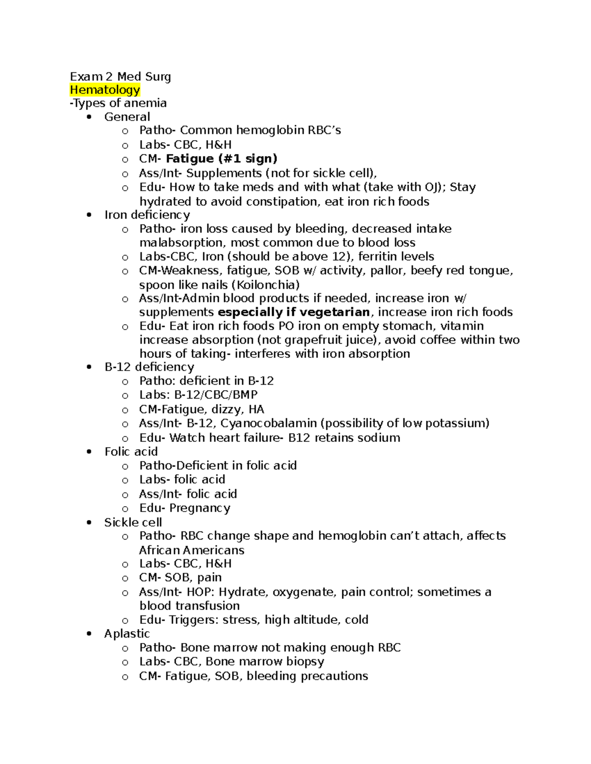 Exam 2 Med Surg notes on hematology and anemia management - Studocu