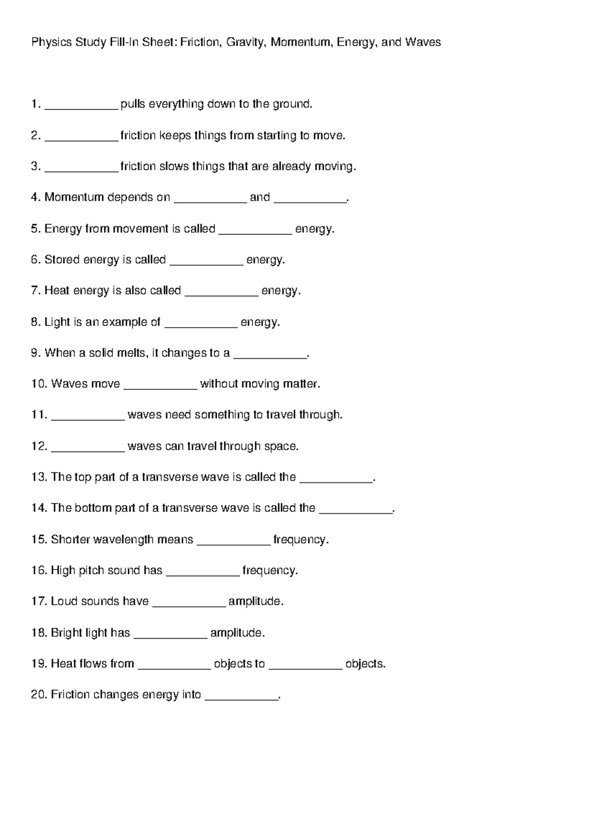 Physics Study Fill In Sheet Answer Key - Physics Study Fill-In Sheet ...