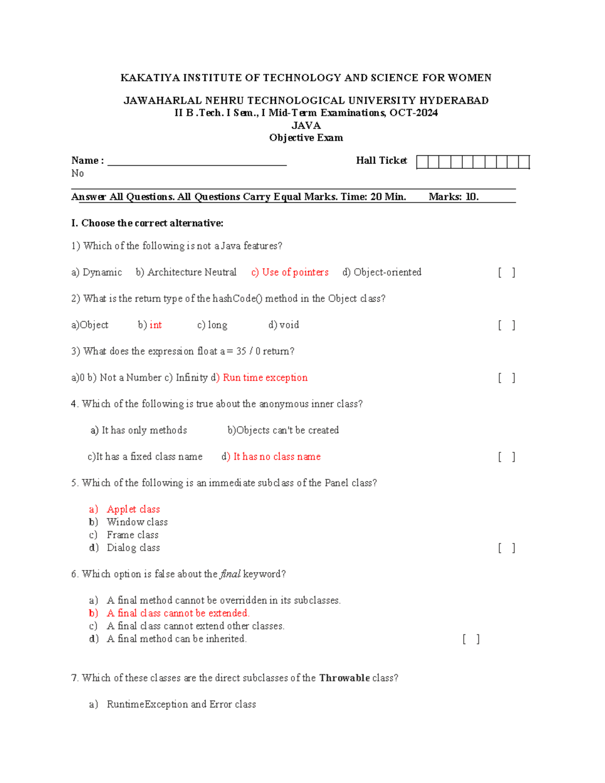JAVA (QUIZ) - II B.Tech I Sem. Objective Exam Questions - Studocu