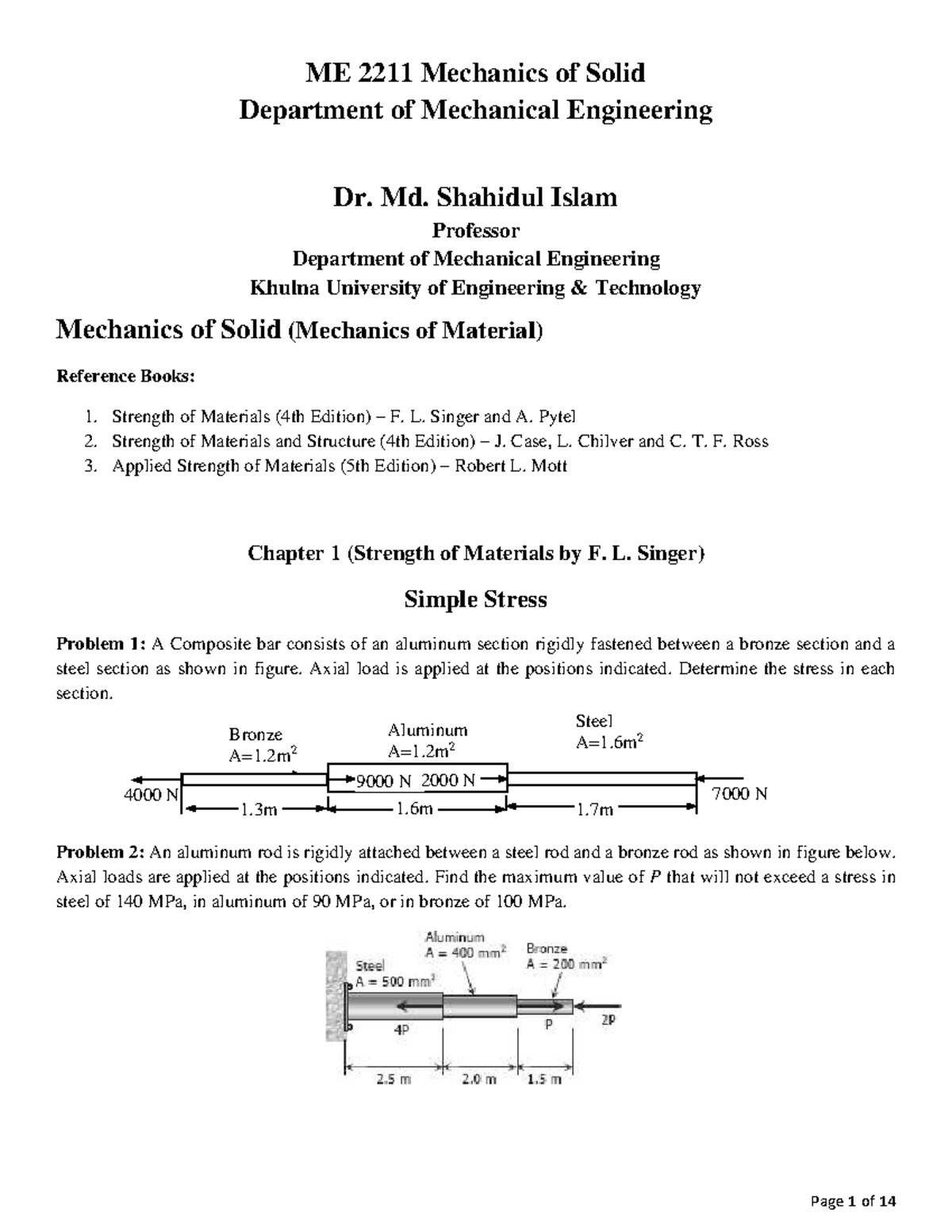 ME 2211 Mechanics of Solid - Sample Questions and Solutions - Studocu