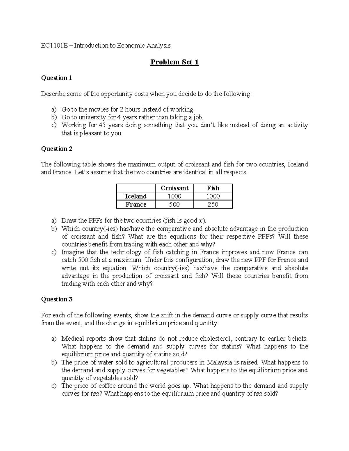 Micro Problem Set 1 - solution for sheet 1 - EC1101E – Introduction to Economic Analysis Problem ...