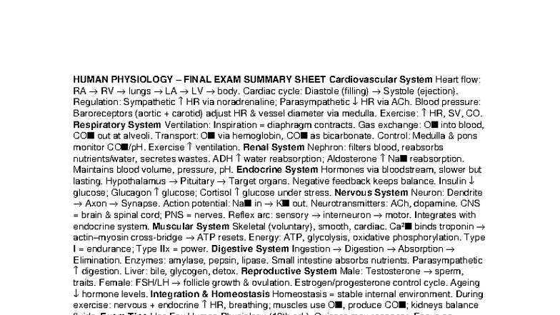 HUMAN PHYSIOLOGY (BIO 101) FINAL EXAM SUMMARY SHEET - Studocu