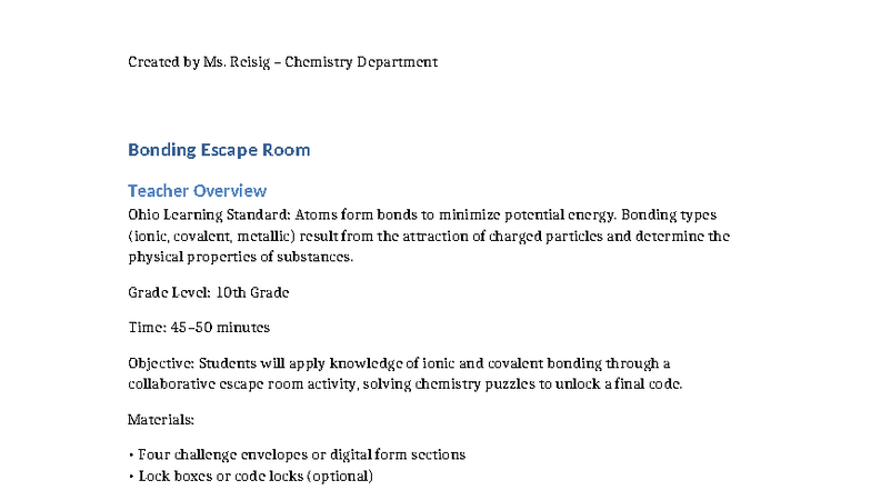 Bonding Escape Room Overview for 10th Grade Chemistry - Studocu