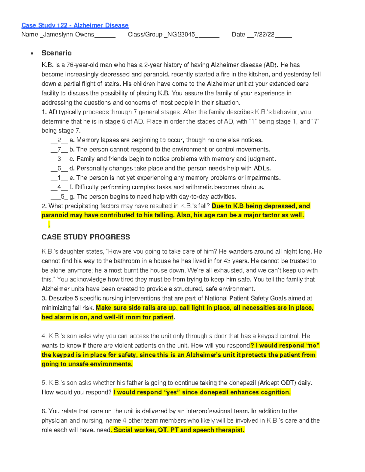 NGS3045 Alzheimer Disease Case Study: K.'s Care Plan and Interventions ...
