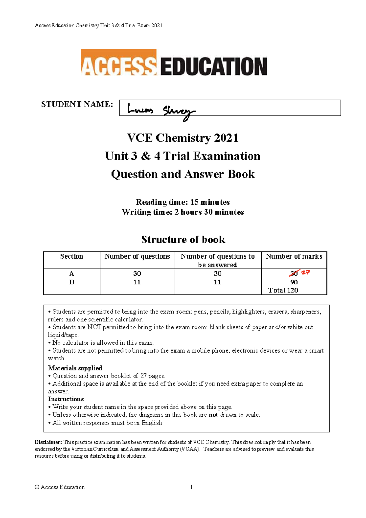 Access Ed Chemistry U34 Trial Exam 2021 (002) - STUDENT NAME: VCE ...