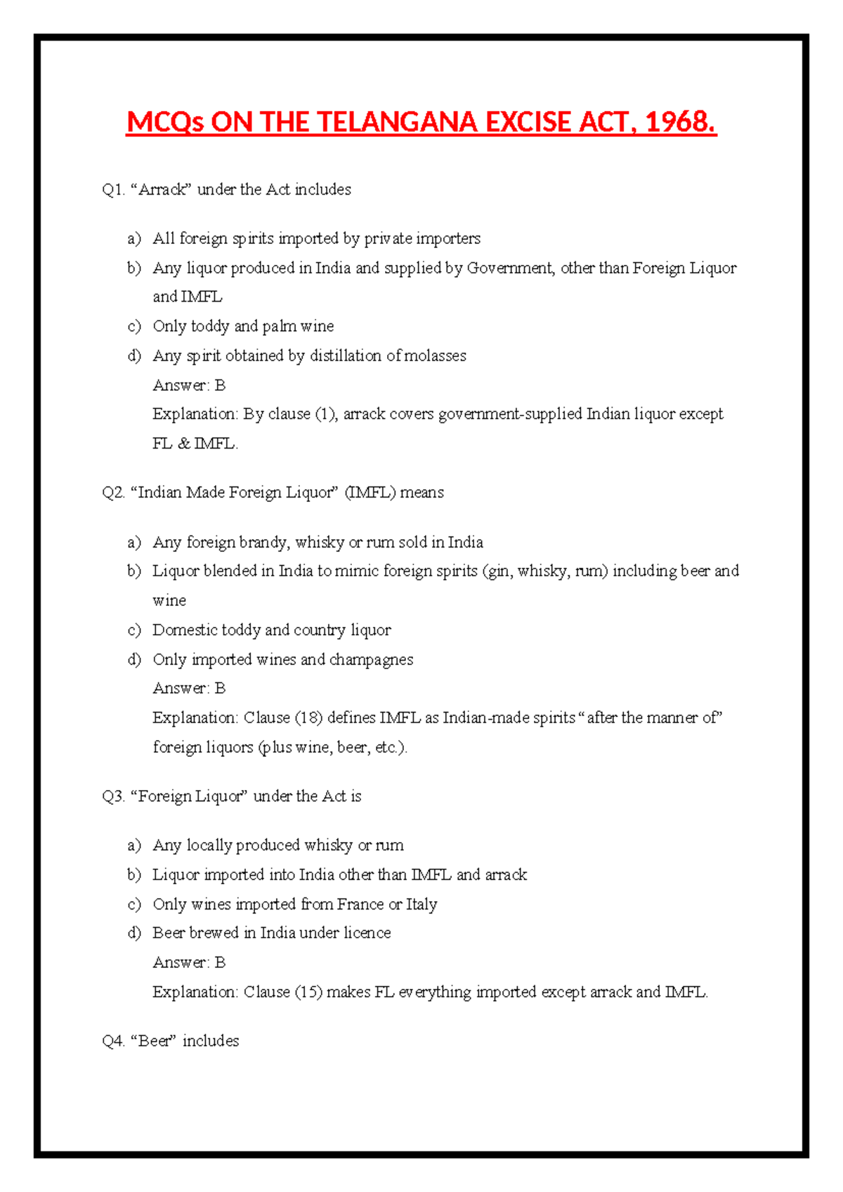 MCQs ON THE TELANGANA EXCISE ACT, 1968: Comprehensive Guide - Studocu