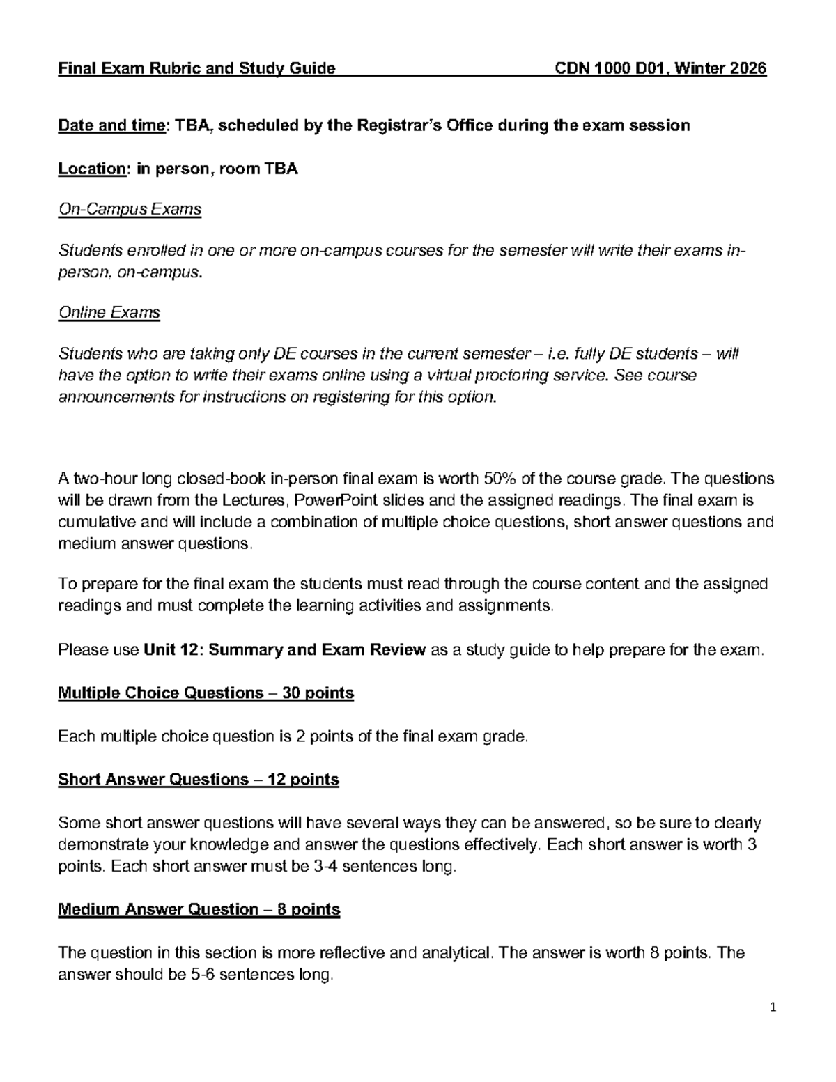 Final Exam Study Guide & Rubric CDN 1000 D01, Winter 2026 - Studocu