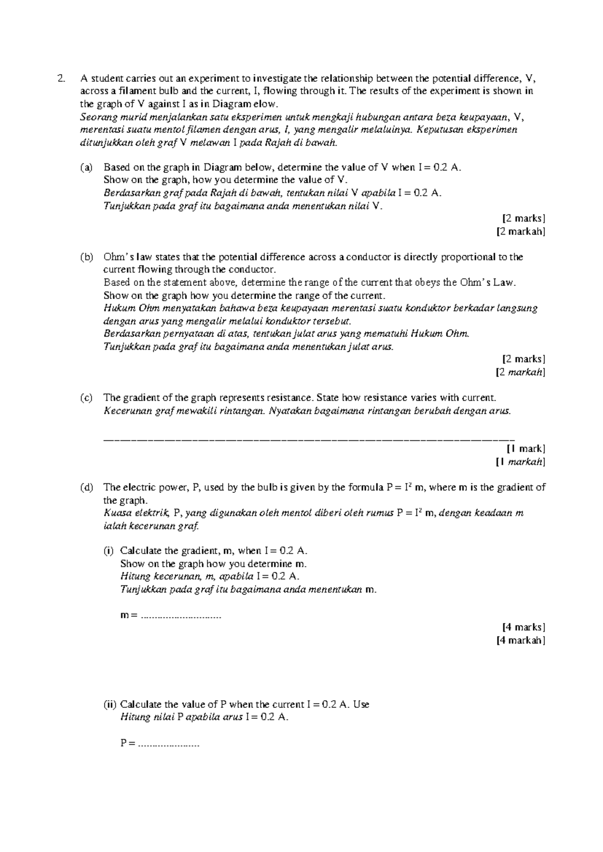 K3 SPM 2006 Final Exam on Filament Bulb and Ohm's Law Analysis - Studocu