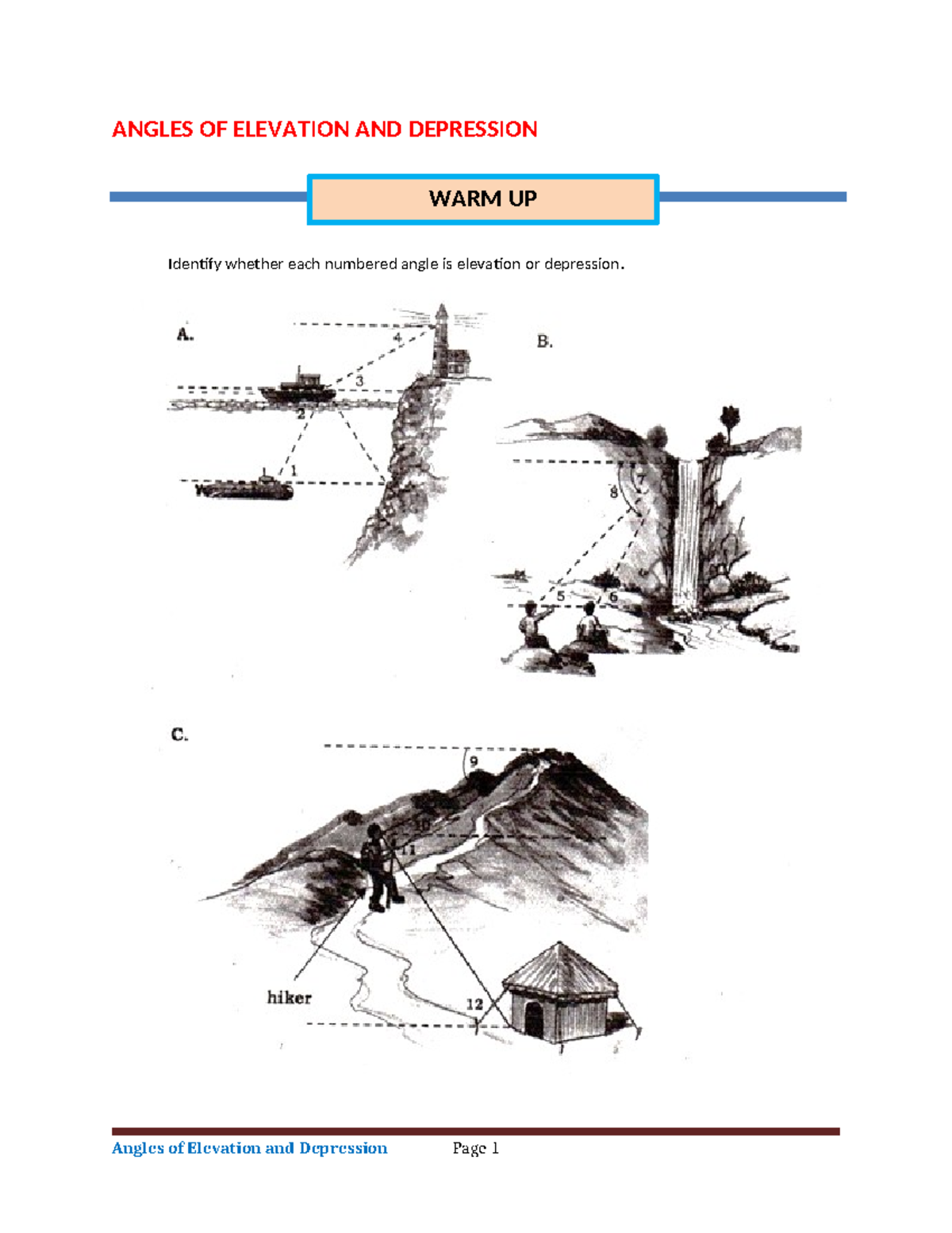 Worksheets on Angles of Elevation & Depression: Geometry Skills - Studocu