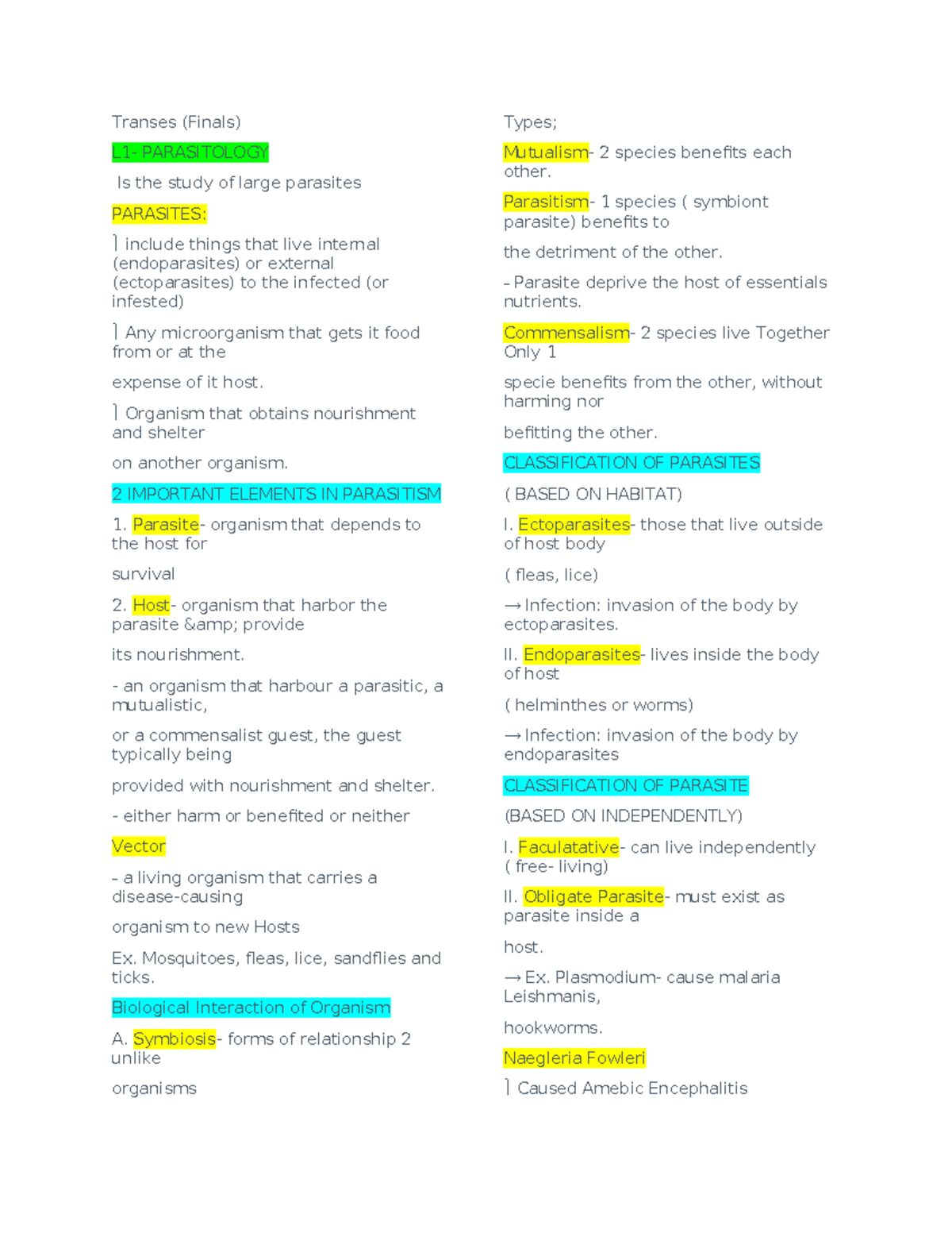 Transes (Finals) - Comprehensive Study on Parasitology and Related ...