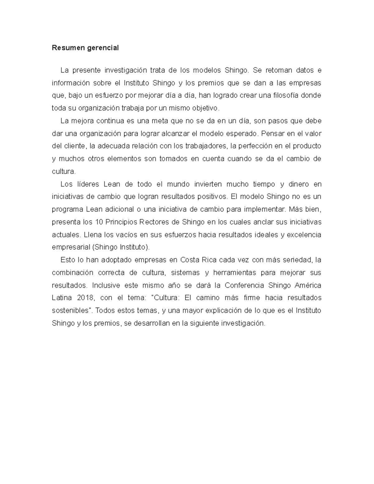 Modelo Shingo - Resumen gerencial La presente investigación trata de ...