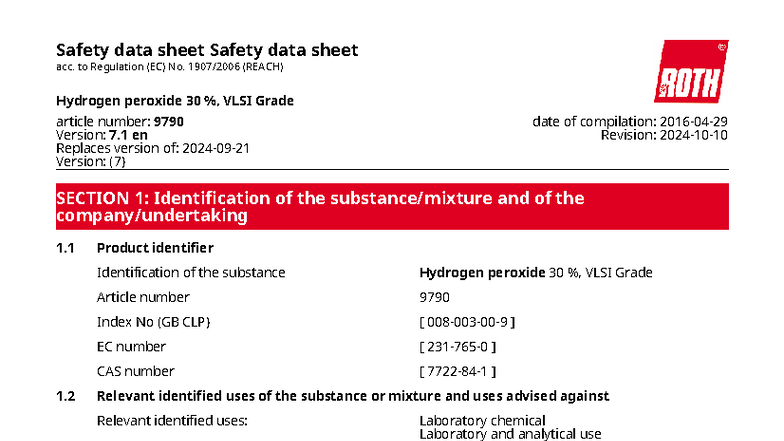 Safety Data Sheet (SDS) for Hydrogen Peroxide 30% VLSI Grade (Article ...