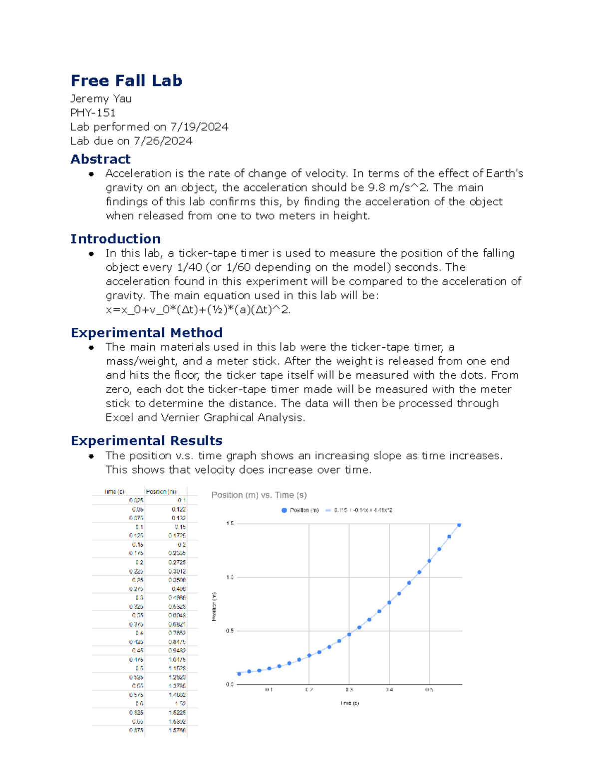PHY Lab 2 - Free Fall Experiment: Measuring Acceleration due to Gravity ...