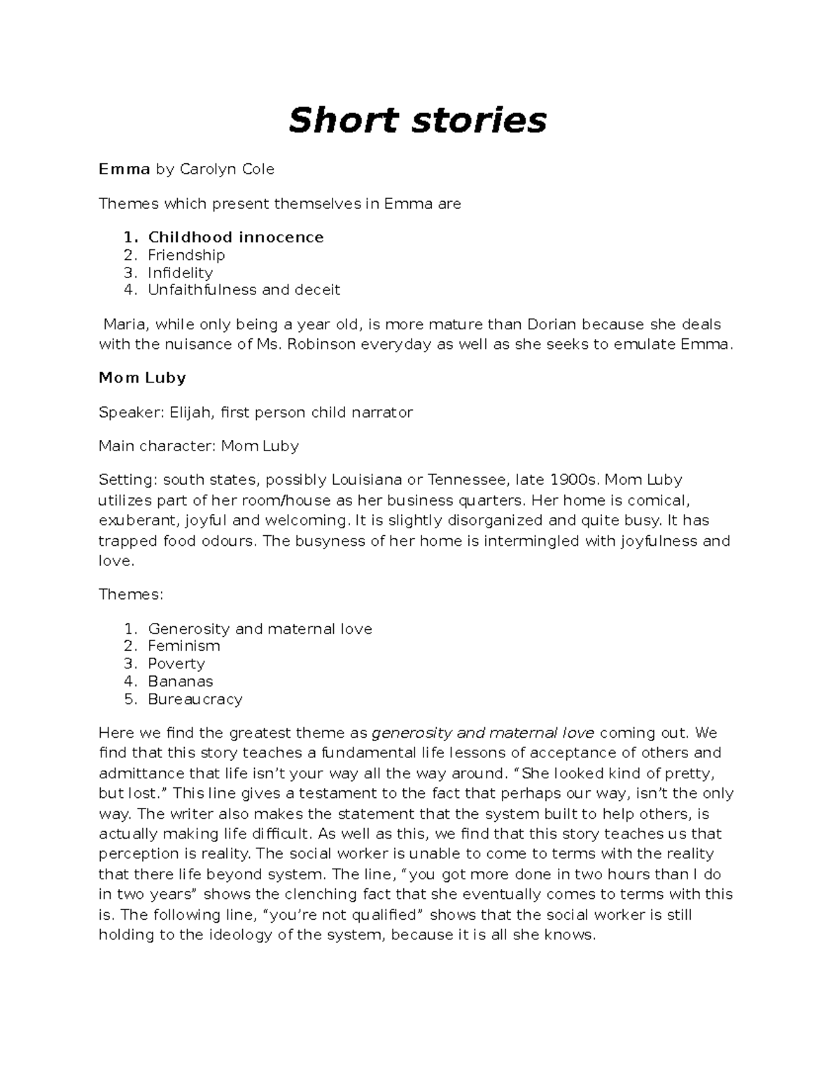 Short Stories Analysis: Themes in "Emma" & "Mom Luby" - Studocu