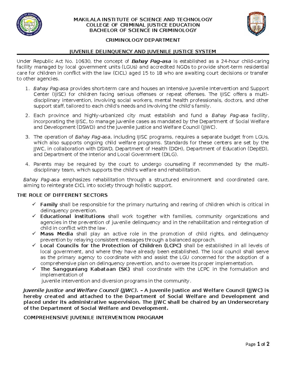 CRIM-5-M10 015938 - Lecture on Juvenile Delinquency & Justice - Studocu