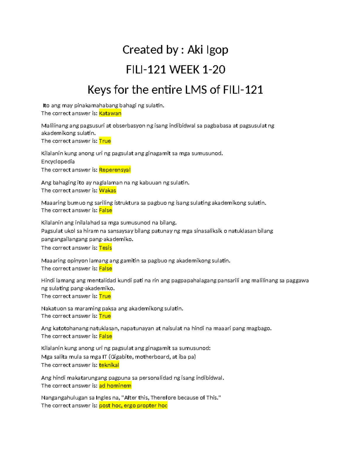 FILI-121 Week 1-20 LMS: Comprehensive Guide to Academic Writing - Studocu