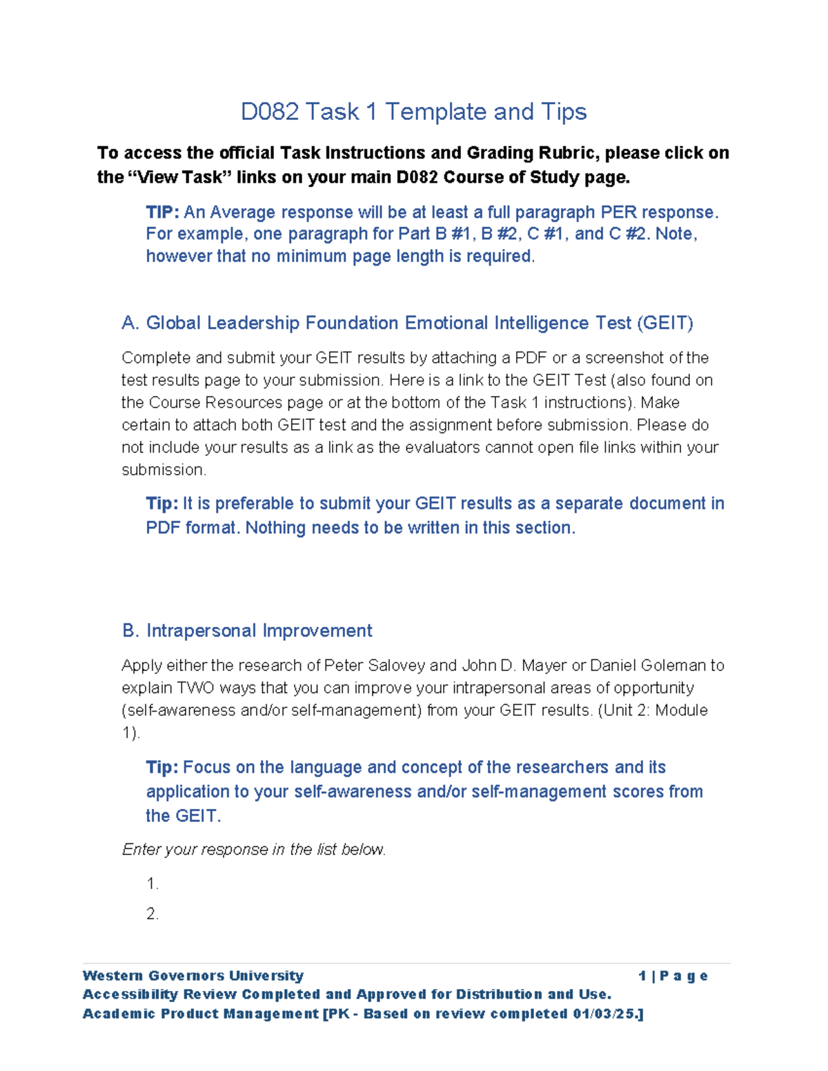 D082 Task 1: GEIT Results & Emotional Intelligence Improvement Tips - Studocu