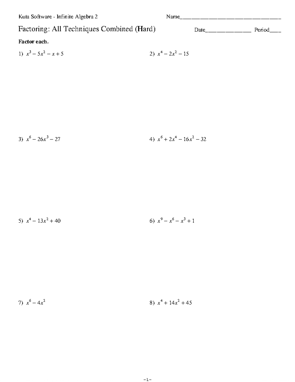 Kuta Software - Infinite Algebra 2: Factoring Techniques Worksheet ...