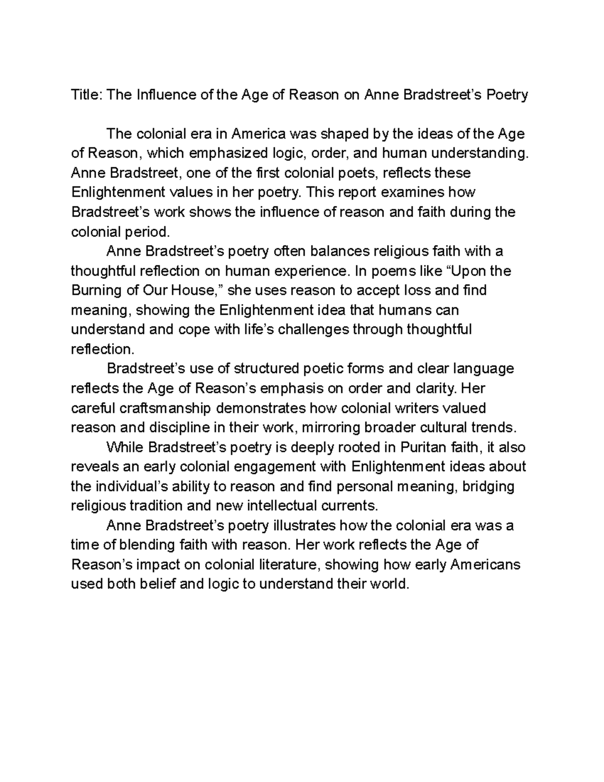 The Influence of the Age of Reason on Anne Bradstreet's Poetry - Studocu