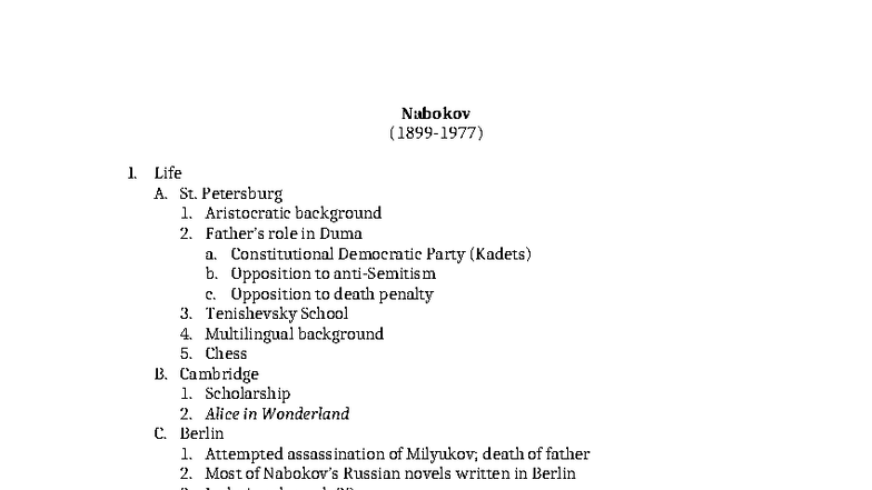 Nabokov: A Comprehensive Overview of His Life and Works (ENG 101) - Studocu