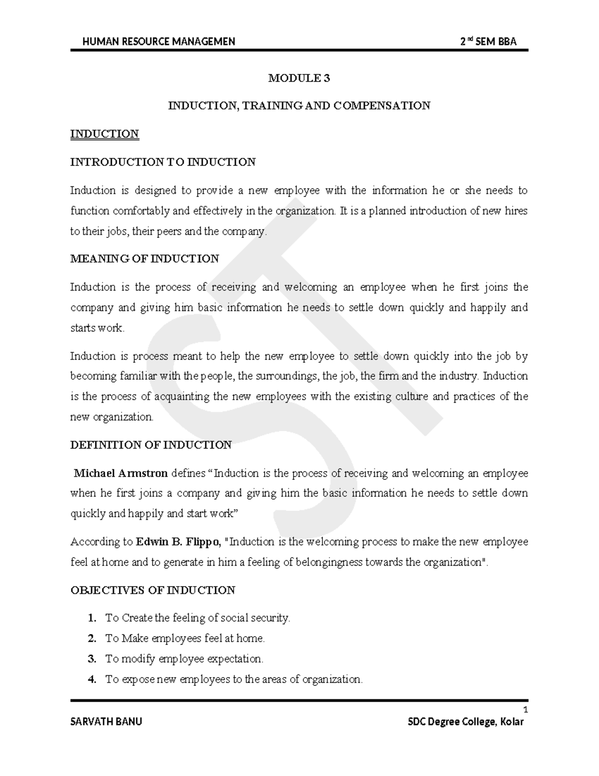 HRM 03 BBA 2nd Sem - Comprehensive Notes on Induction & Training - Studocu