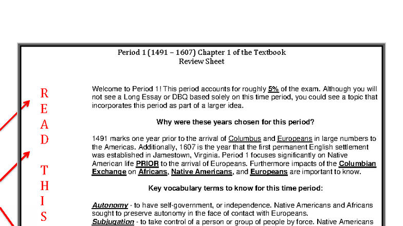 APUSH 2021 Extra Credit: Period 1 (1491-1607) Review Sheet - Studocu