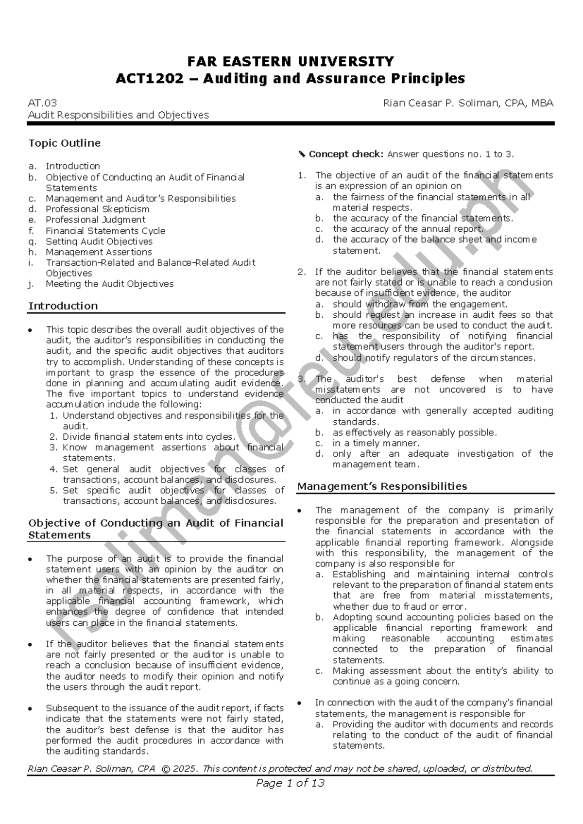 FAR EASTERN UNIVERSITY ACT1202 Auditing AT.03 Audit Responsibilities ...