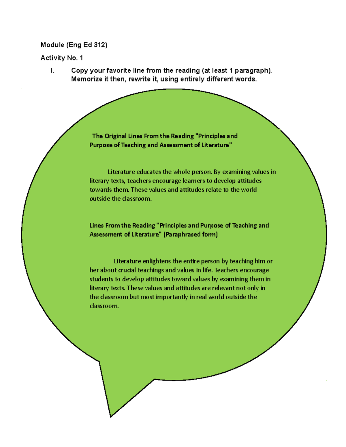 ENG ED12 - Literature Activity 1: Reflection and Lesson Plan - Studocu