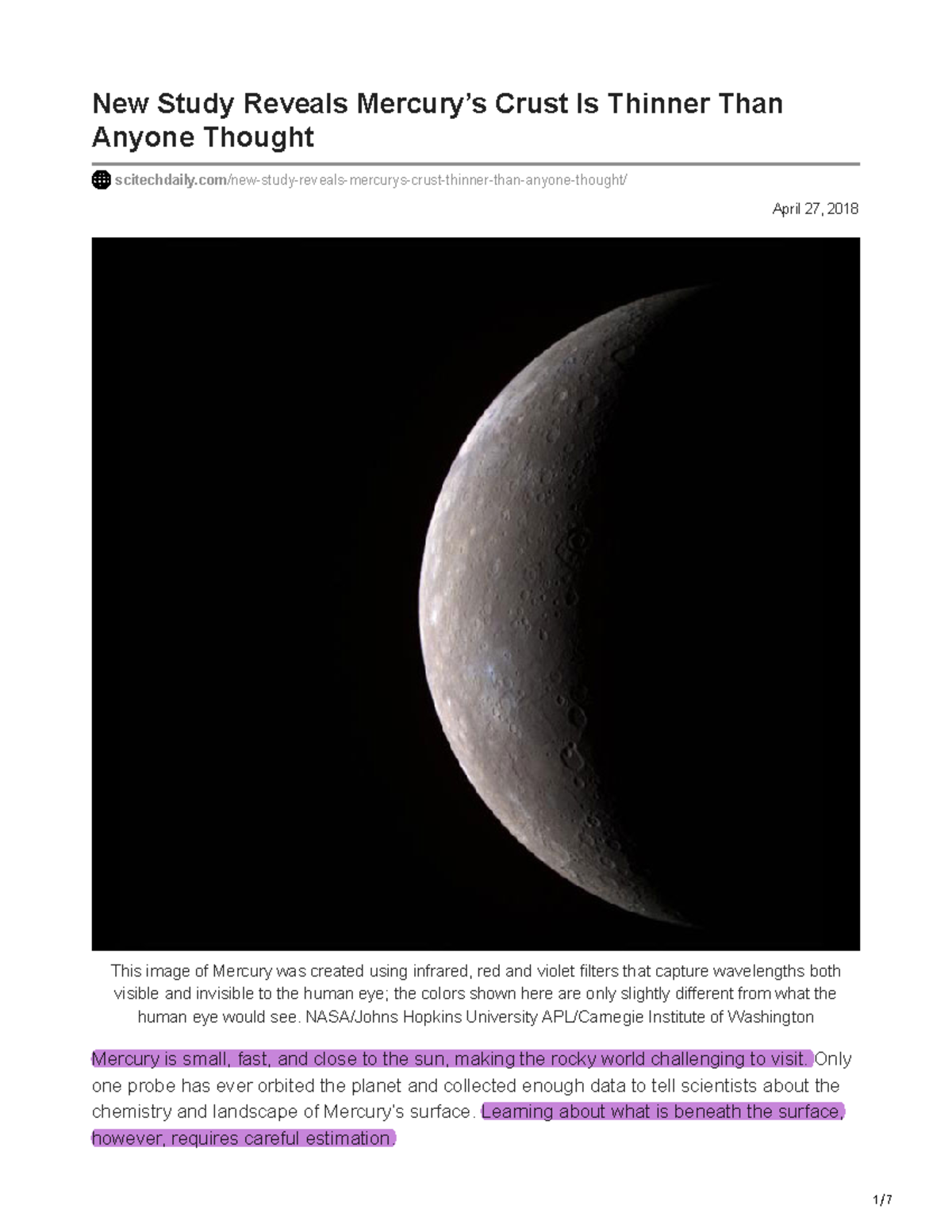 Article 3 - New Study on Mercury's Crust Thickness and Density - Studocu
