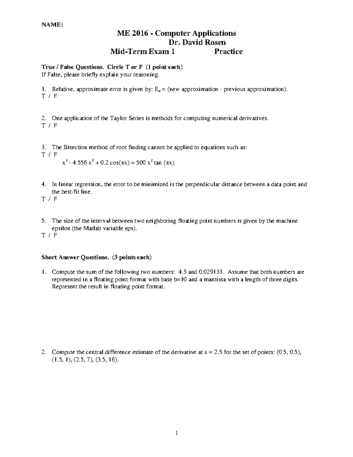 ME2016 Mid-Term Exam 1 Practice Questions and Solutions - Studocu
