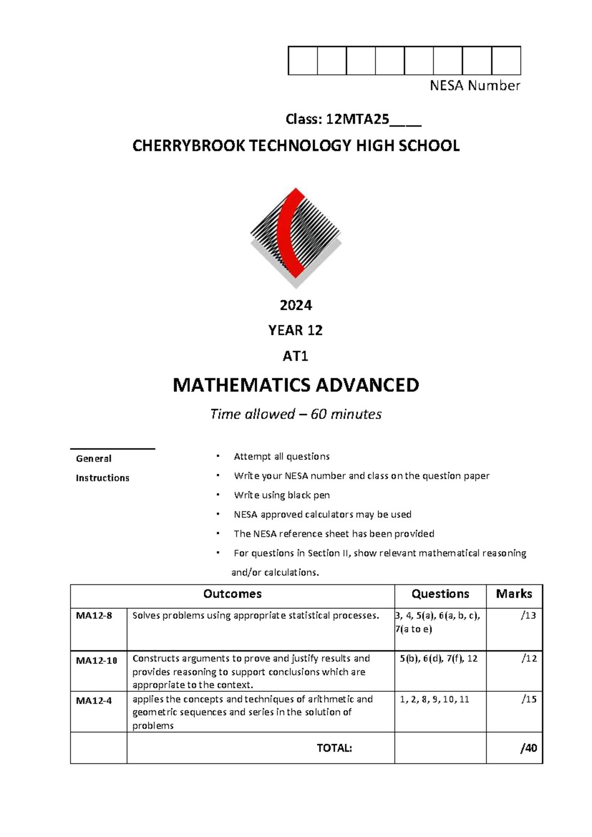 2024 CTHS Year 12 Mathematics Advanced AT1 Exam Paper - Studocu