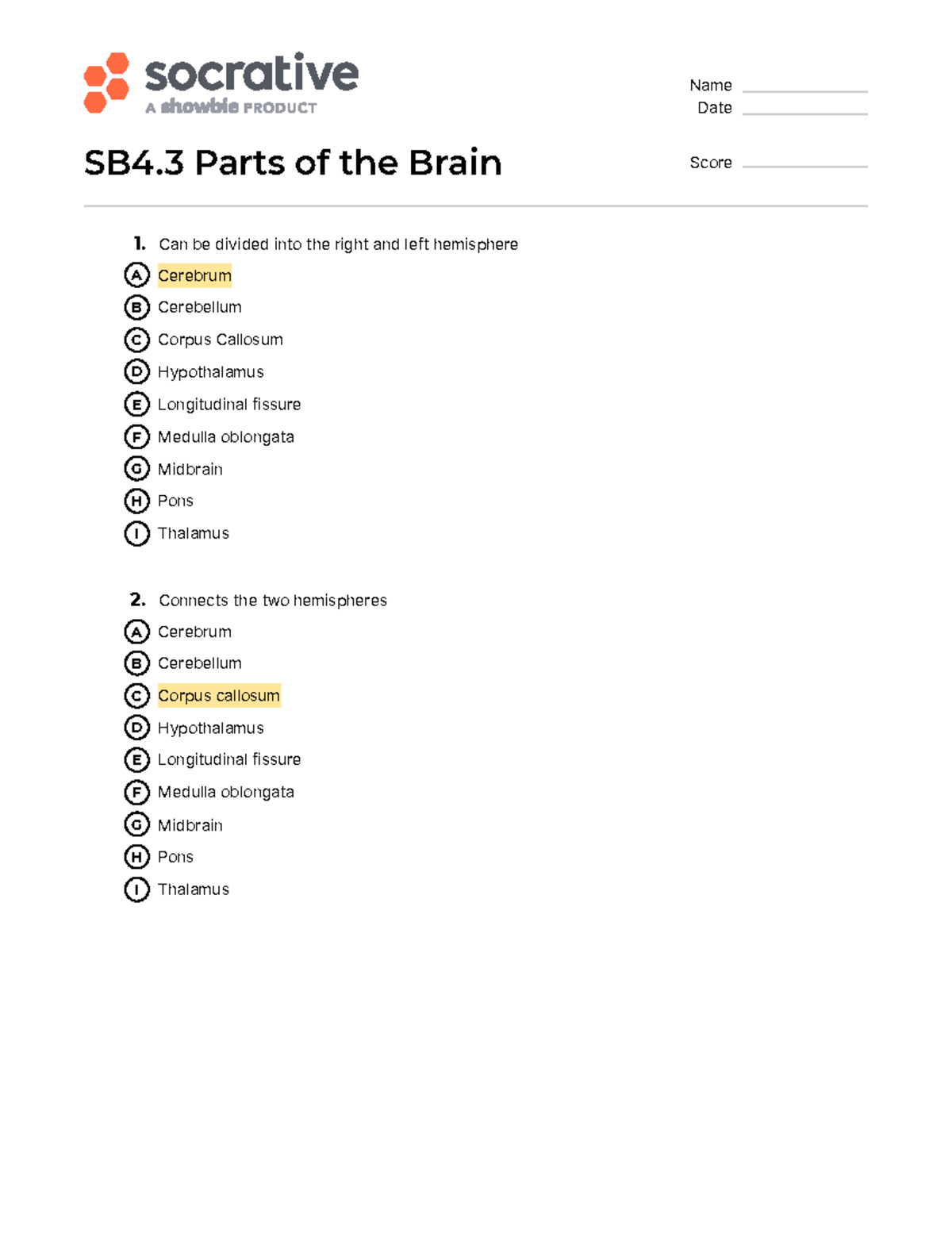 Quiz SB4.3: Answer Key for Parts of the Brain - Studocu